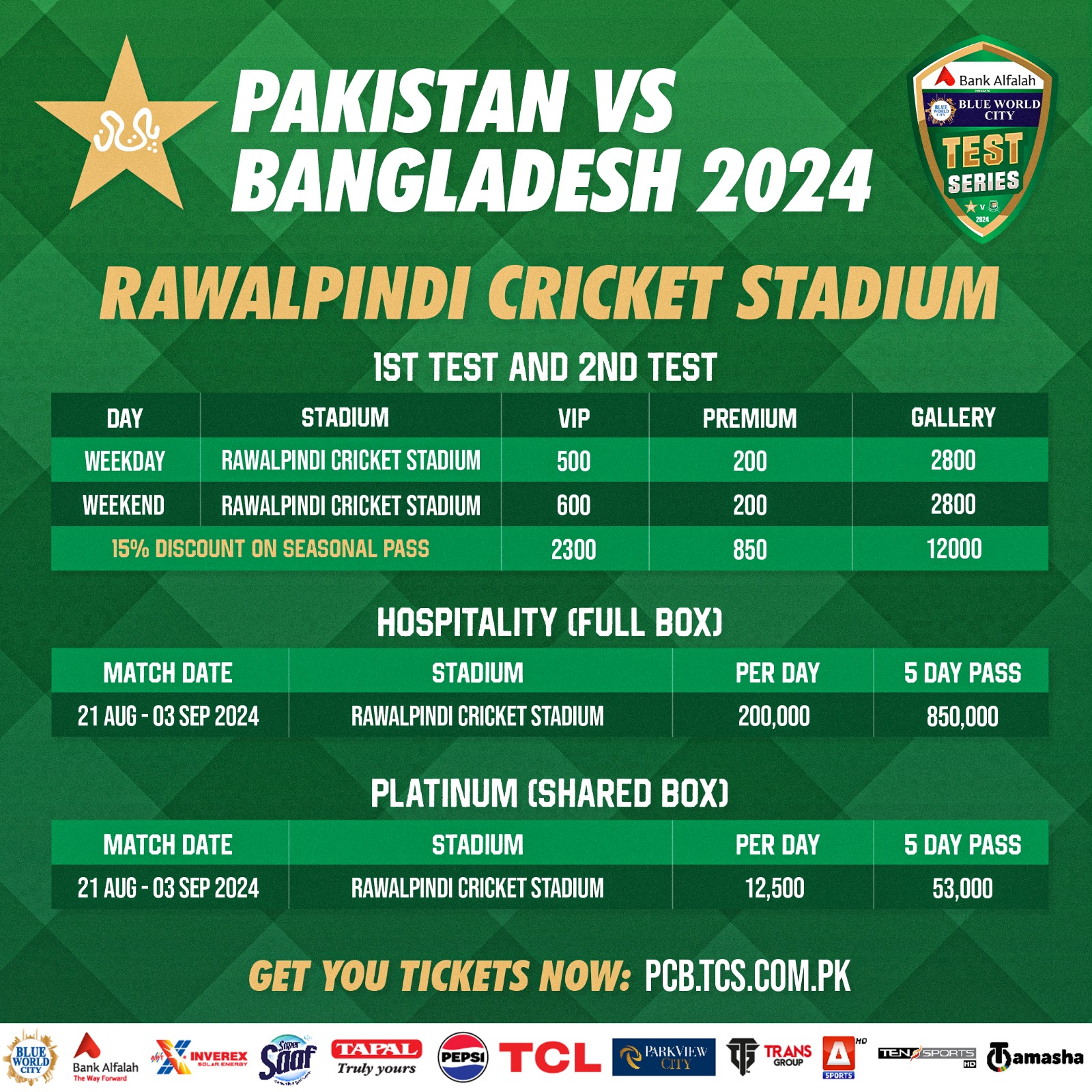 PCB announces ticket prices for second Bangladesh Test in Rawalpindi ...