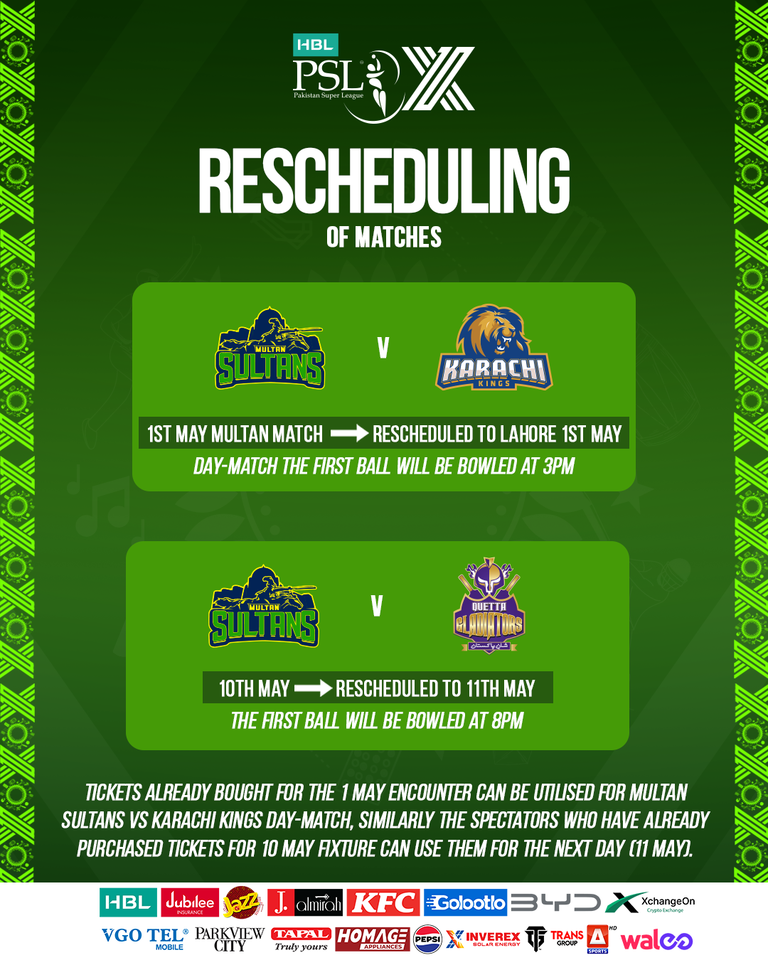 Two HBL PSL X matches rescheduled | Press Release | PCB