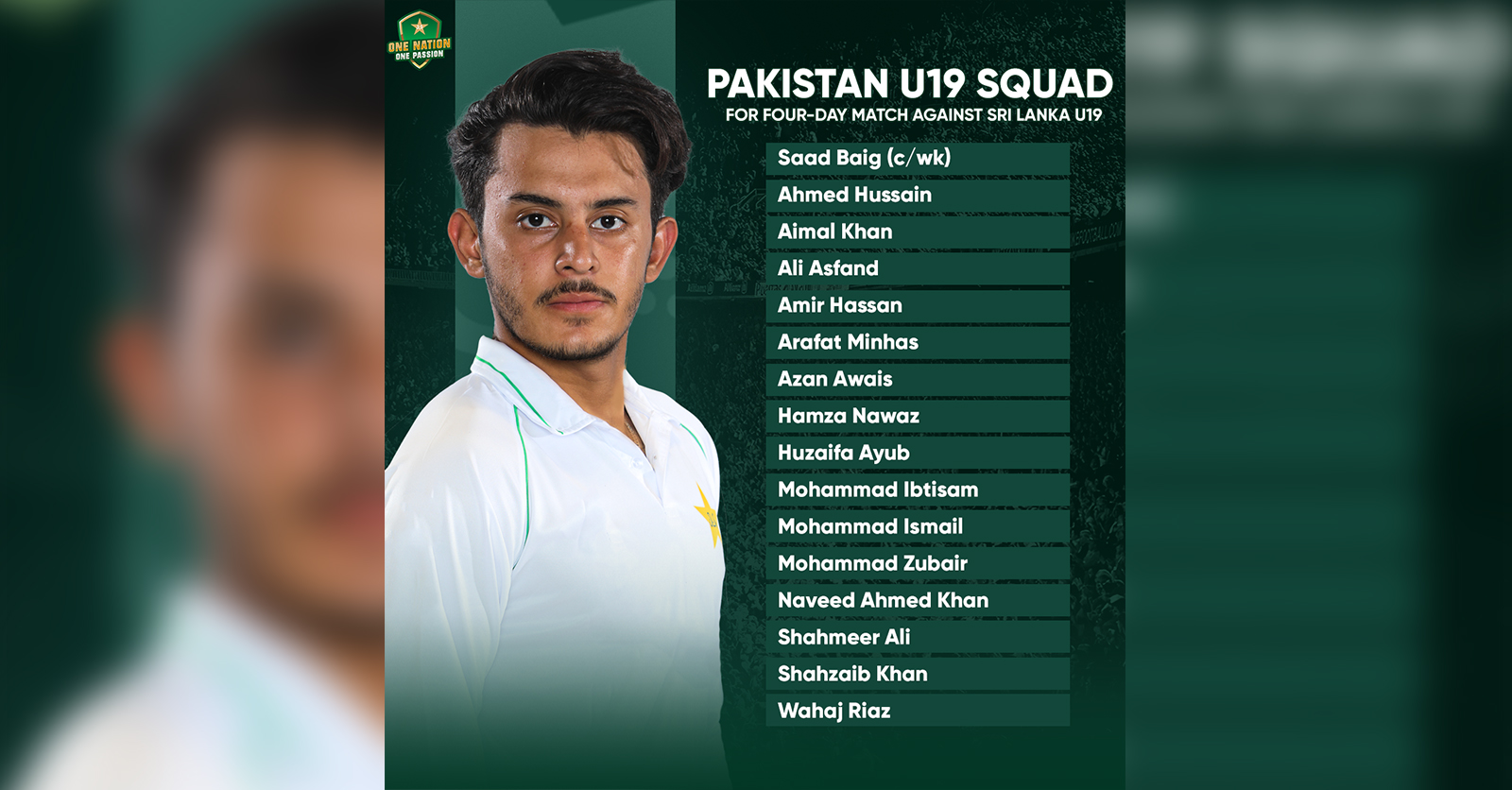 Saad Baig To Lead Pakistan U19 Against Sri Lanka U19 Press Release Pcb 