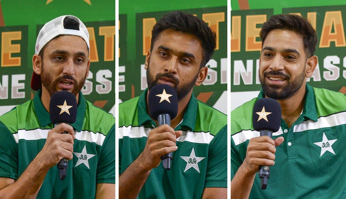 Salman Ali Agha, Abdullah Shafique and Haris Rauf hold media ...